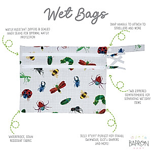 BapronBaby Eric Carle Bug World Wet Dry Bag - Waterproof Two Zipper Pockets - Reusable for Mealtime, Diapers, Stroller, Snacks, Swimsuits - Machine Washable - 11" x 9"