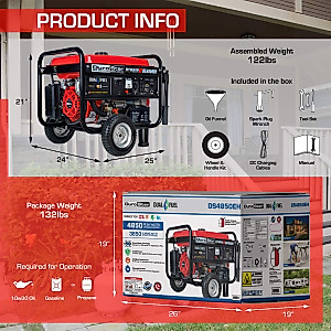 DuroStar DS4850EH Dual Fuel Portable Generator-4850 Watt Gas or Propane Powered Electric Start-Camping & RV Ready, 50 State Approved, Red/Black