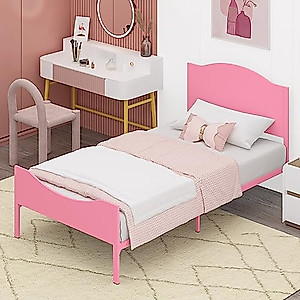 Timy Pink Kids Twin Bed Frame with Wooden Headboard and Footboard, Metal Platform Bed Frame for Boys Girls Teens Adults, Modern Kids Bed Furniture, No Box Spring Needed