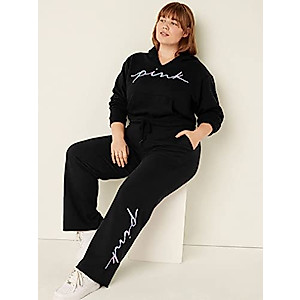 Victoria's Secret PINK Fleece Cropped Cinched Campus Hoodie, Pure Black Blur Script Logo, Medium