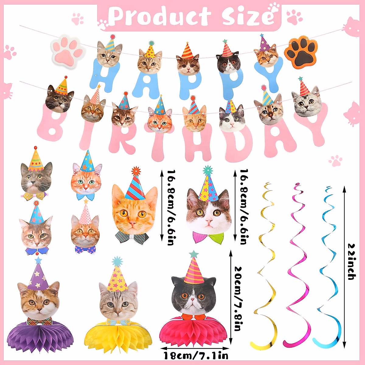 16 Pcs Cat Theme Birthday Party Decorations Party Supplies Kit, Includes Cat Party Banner with 6 Cat Hanging Cutouts 6 Hanging Swirl Decor and 3 Birthday Honeycomb for Kids Girls (Cute Style)