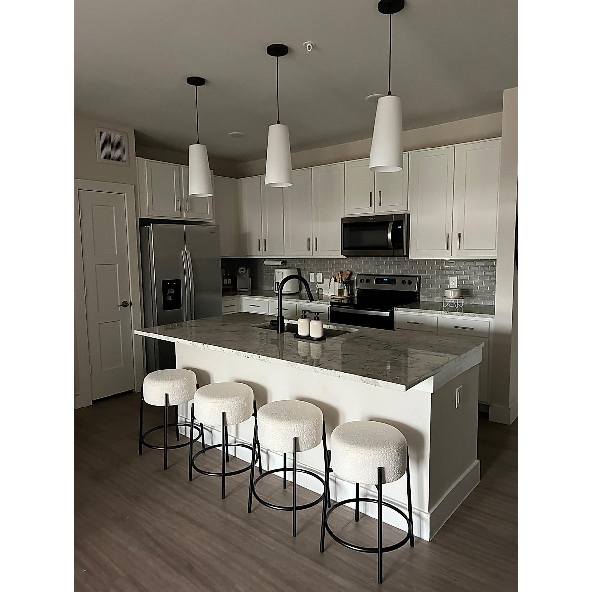 Nathan James Isaac 24" Modern Backless Bar Stool with Round Soft Padded Boucle Seat and Metal Mid-Century Base, Boucle White/Black