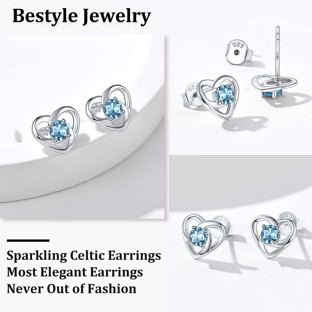 Bestyle Sterling Silver Earrings Heart Celtic Knot Stud with March Birthstone Synthetic Blue Aquamarine Crystal Birth Earrings Tiny Heart Stud Luck Irish Earrings Birthday Gifts