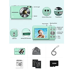 Digital Camera, FHD 1080P Kids Camera 44MP Point and Shoot Digital Cameras with 32GB SD Card, 16X Zoom, Two Batteries, Lanyard, Compact Small Camera for Kids Boys Girls Teens Students Seniors- Green