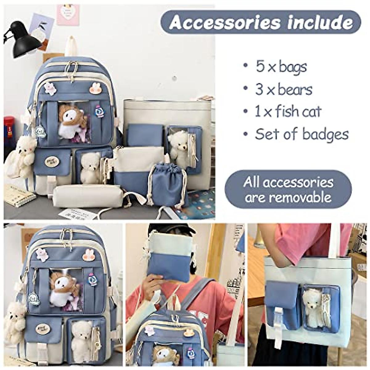 Kawaii Backpack 5Pcs Set Aesthetic School Bags, Cute Backpack Bookbag with Badge Pendants and Pins Rucksack for Teen Girls (Blue)