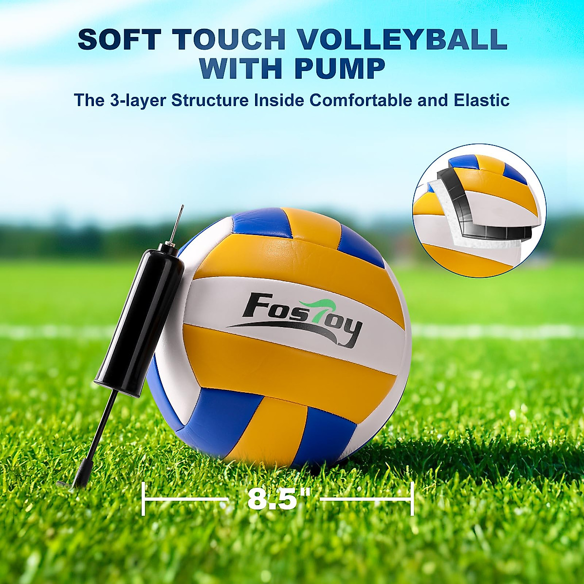 Fostoy Volleyball Net Outdoor, Professional Portable Volleyball Net Set with Adjustable Height Poles, Anti-Sag System, Soft Volleyball, Pump, Boundary Line and Carrying Bag for Backyard, Beach, Lawn