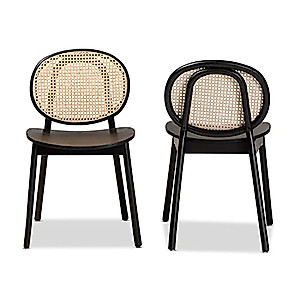 Baxton Studio Halen Mid-Century Modern Brown Woven Rattan and Black Wood Finished 2-Piece Cane Dining Chair Set