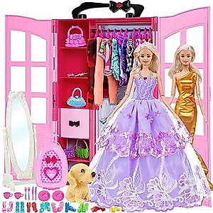 Doll Closet Wardrobe Set for 11.5 Inch Girl Doll 106 Pcs Clothes and Accessories Include Wardrobe, Suitcase, Mirror,Outfits, Dress, Shoes, Hangers, Handbags, Necklace, Crown and Dog (Pink+Rose)