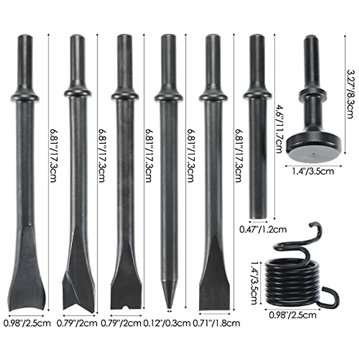 YaeTek 8 Pcs Heavy Duty Smoothing Air Hammer Pneumatic Chisel Bits Tools 0.401'' Shank Pneumatic Chisels with Spring