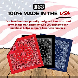 B53 100% Cotton Bandanas Made in the USA - Stylish Headband, Handkerchief, Scarf - 21 inch x 21 inch (Red, Navy, Black (3-pack))
