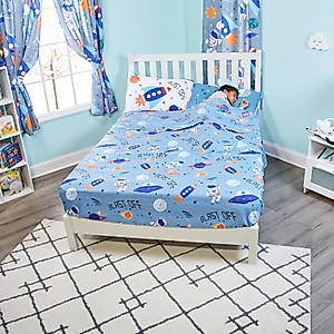EVERYDAY KIDS Blast Off in Outer Space Twin Size Bed Sheet Set for Kids with Galaxy Design of Rockets and UFOs; Boys 3-Piece Twin Size Sheets Set Includes Flat Sheet, Fitted Sheet and Pillowcase