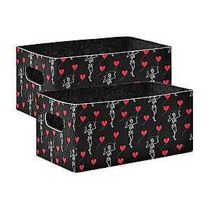 Skeleton Valentine Storage Basket Bins Set (2pcs) Felt Collapsible Storage Bins with Handles Foldable Shelf Drawers Organizers Bins for Nursery Toys,Kids Room,Clothes,Towels,Magazine