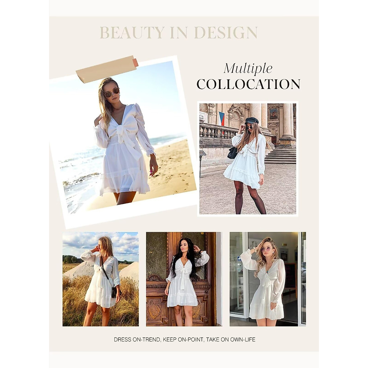 Dokotoo Womens Ladies Summer Ruffle Elegant Long Sleeve Empire Waist Tie Knot Cute Chiffon Boho Beach Bohemian Tunic Swing A Line Mini Short Skater Dresses 2025 Party Dresses for Women Apricot M