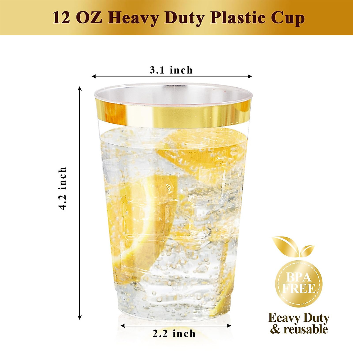 Nervure 120PCS Gold Rim Plastic Cups - 12oz Heavy Duty Plastic Cups - Fancy Clear Disposable Cups with Gold Rimmed for Wedding, Birthday, Party