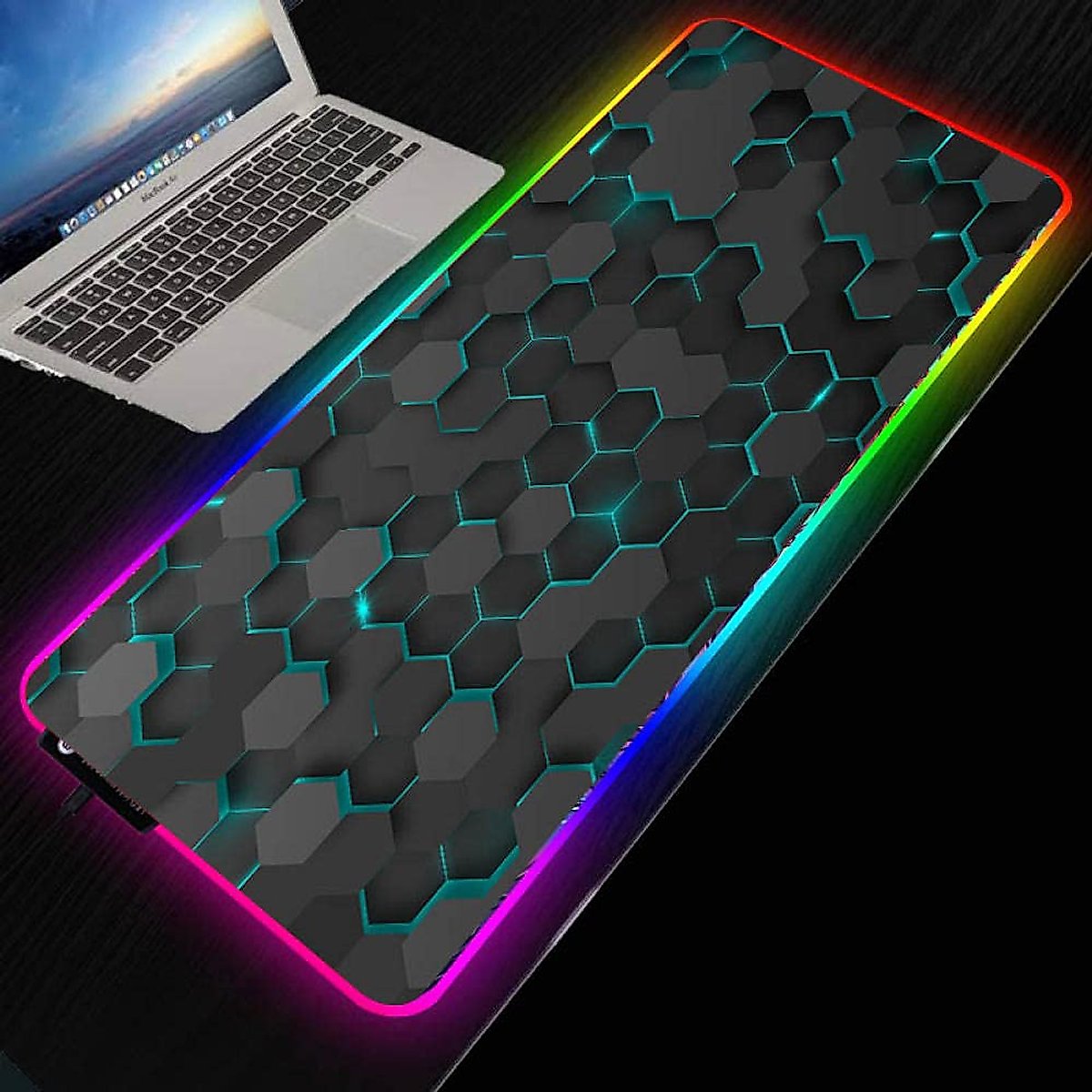 Mouse Pads Green Hexagon Texture Large RGB Gaming Mouse Pad Gaming LED Backlit Mouse Mat Computer Keyboard Non-Slip Desk Mat 23.6x11.8 in