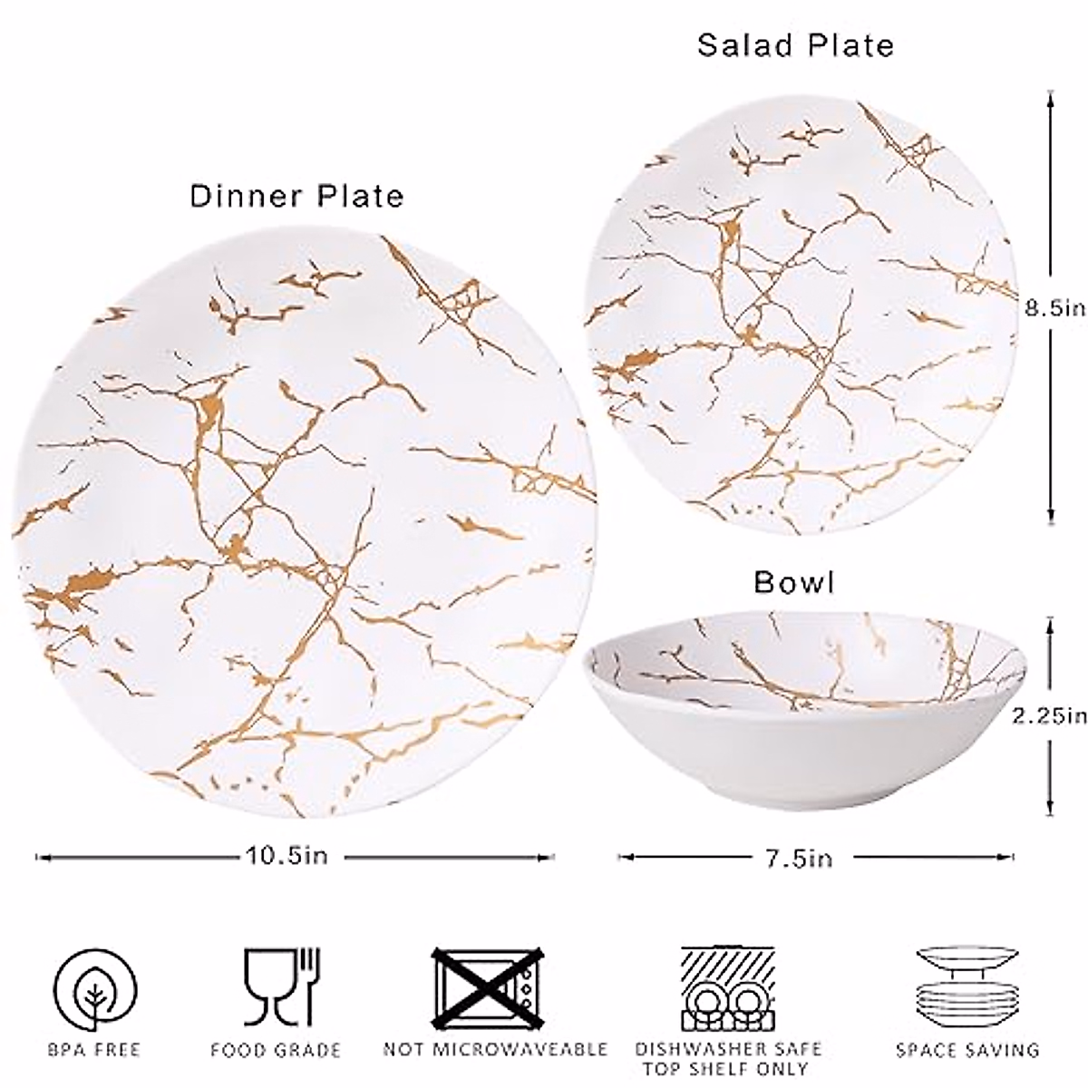 ZAROCRUS 12 pcs Melamine Dinnerware Sets, Marble White Plates and Bowls Set, Lightweight Kitchen Dinnerware Set for Indoor and Outdoor Use, BPA Free and Dishwasher Safes, Service for 4