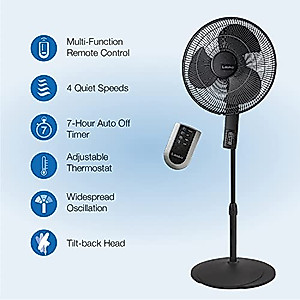 Lasko Oscillating Pedestal Fan, Thermostat, Adjustable Height, Remote Control, Timer, 4 Speeds, for Bedroom, Living Room, Office & Dorm, 16", Black, S16612