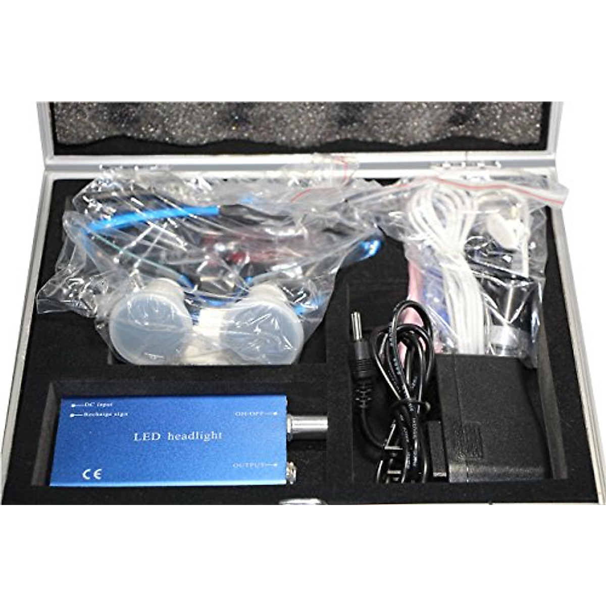 Dental Power Dental Binocular Loupes 3.5X 420mm + LED Head Light Lamp +Aluminum Box (Blue)