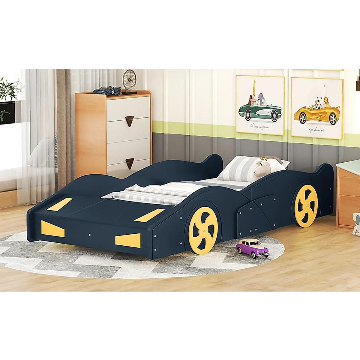 Twin Size Race Car-Shaped Platform Bed Frame for Boys Girls Kids Adults Toddler with Wheels and Storage, Dark Blue+Yellow