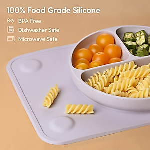 BABELIO Baby Plates with Suction, Silicone Suction Plate for Toddlers & Babies, Divided Dishes | Placemat Plate Design | 100% Silicone | BPA Free | Dishwasher Safe (Lilac Grey)