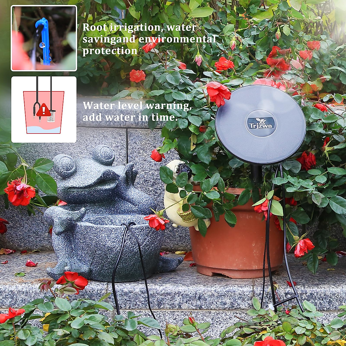 Solar Irrigation System TRJZWA Automatic Drip Irrigation Kit for Outdoor/Indoor Garden Watering System with Water Level Detection,Drip Irrigation System for 15 Potted Plant with 15m Water Hose