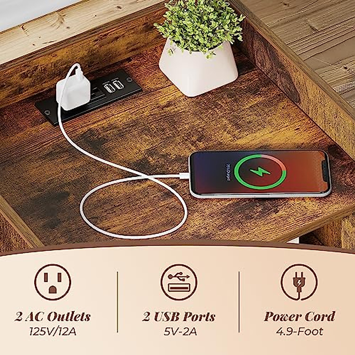 SUPERJARE Nightstand with Charging Station, Night Stand with Drawers, Bed Side Table, End Table with USB Ports and Outlets, Bedside Table for Bedroom, Living Room, Rustic Brown