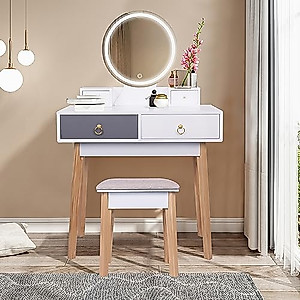 Bituman Makeup Vanity Set with 3-Color Dimmable Lighted Mirror, Bedroom Makeup Dressing Table with Cushioned Stool Modern Vanity Desk with 4 Drawers for Girls Women, White+Gray