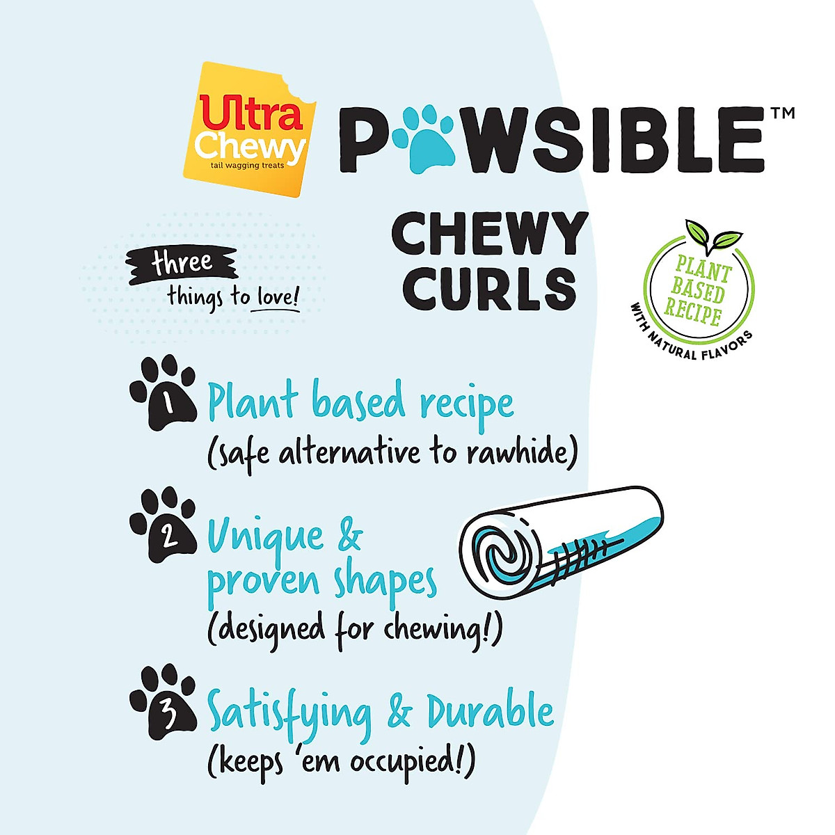 Ultra Chewy Pawsible Chewy Curls - Plant-Based Dog Treats Made in USA, Bacon and Cheese Flavor - Healthy, Wholesome Reward, Easy to Digest Rawhide Free Snack - 7 Count