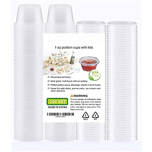TashiBox [200 Sets - 1 oz.] Jello Shot Cups with lids, plastic disposable portion cups with lids, Small Souffle Cups, 1 Ounces Condiment Cups, Stackable Dipping Sauce Cups, for Party, Meal Prep