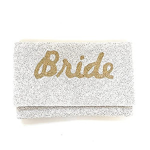 Generic BRIDE Gifts, Gifts for Bride, Wedding Gift, Bride To Be Gift, Bride Clutch Purse, Engagement Gift, Seed Beads Clutch, Bride Beaded Clutch, Bride Bag (Gold), White