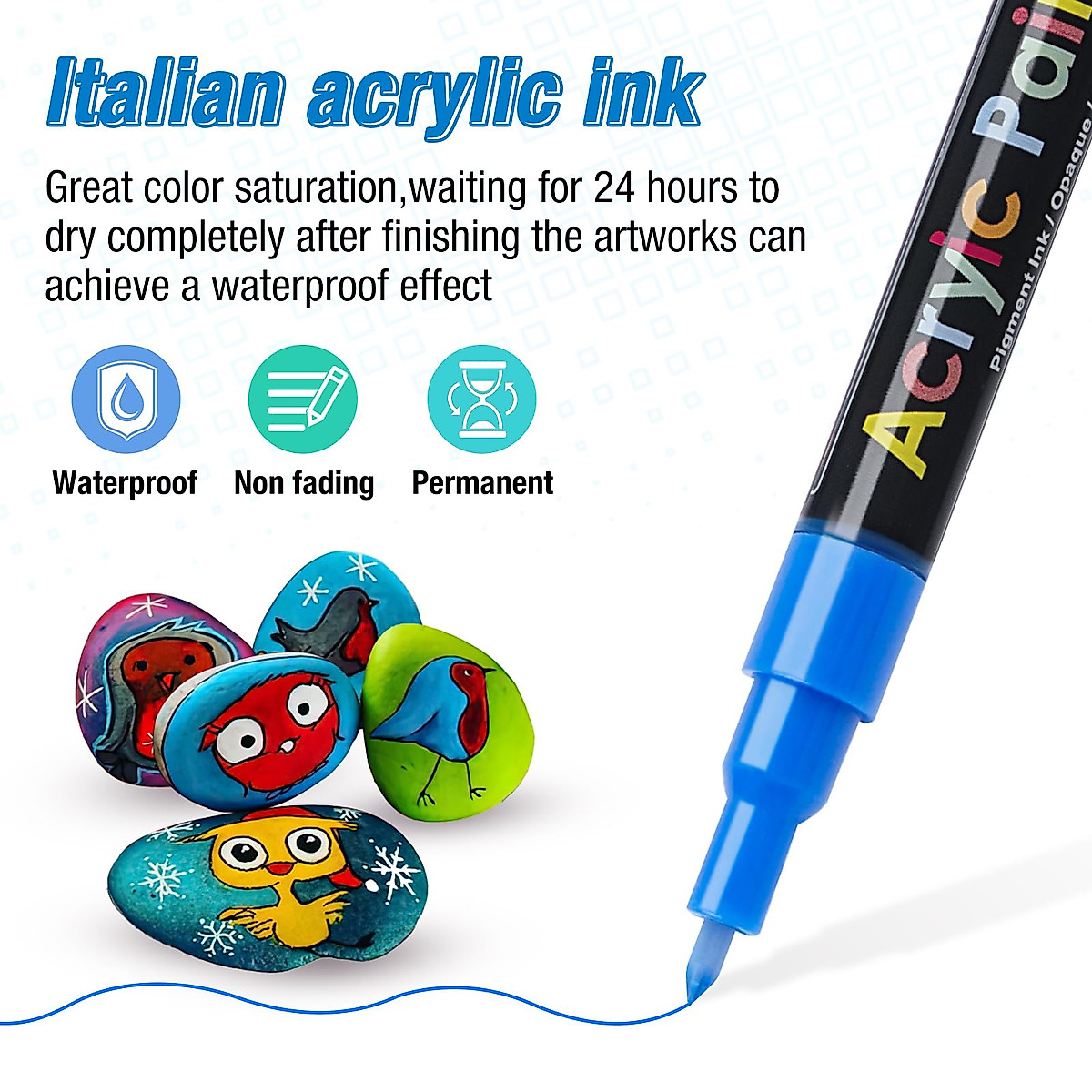 Acrylic Paint Pens Paint Markers Set of 18: Fine Point Paint Pens for Rock Painting Glass Wood Ceramic Fabric Metal Canvas Easter Eggs Pumpkin Kit, Drawing Art Crafts for Adults Scrapbooking Supplies