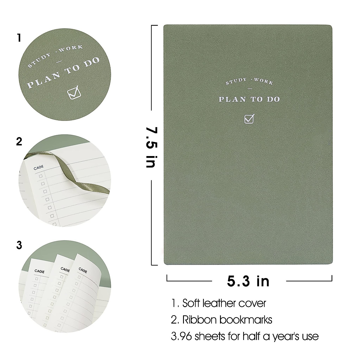 CAGIE To Do List Notebook 192 Pages 5.3" x 7.5" Leather To Do List Notepad Checklist for Daily Plans Schedule Planner Notebook School Supplies for Students, Green