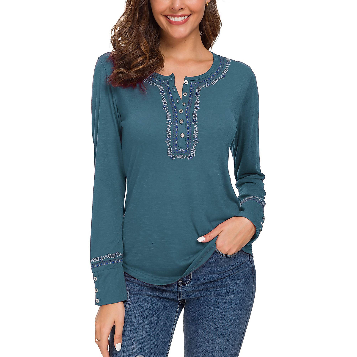 Urban CoCo Women's Long Sleeve Boho Shirt Embroidered Top (L, Ink Blue)