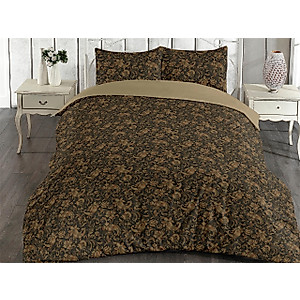 Ambesonne Paisley Themed Duvet Cover Set, Boho Damask Inspired Grunge Flowers Vintage Pattern Print, Reversible 3 Piece Bedding Set with 2 Pillow Shams, King, Charcoal Grey and Dark Khaki