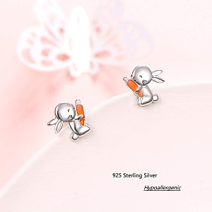 Easter Gifts Bunny Stud Earrings for Women Lady 925 Sterling Silver Rabbit with Carrot Earrings Cute Animal Jewelry (Bunny & Carrot Earrings)