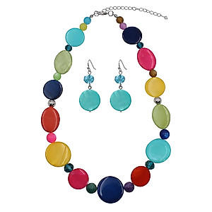 Jules D. Simple Beaded Choker Necklace Handmade Shell Multi Colorful Brown Green Beads Statement Necklace Bracelet Earring Set Costume Jewelry for Women Gifts (Multi)