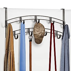 Lynk® Over Door Hook Rack - Scarf, Belt, Hat, Jewelry, Purse, Bra Hanger - 9 Hook Organizer Rack - Bronze