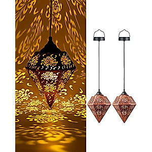 Solar Lanterns Outdoor Waterproof Hanging - OxyLED 2Pack Patio Garden Lantern Lights with Powered Retro Decorative Morrocan Flower Pattern Metal for Tabletop Decor Outside Tree Pool Porch Balcony Yard
