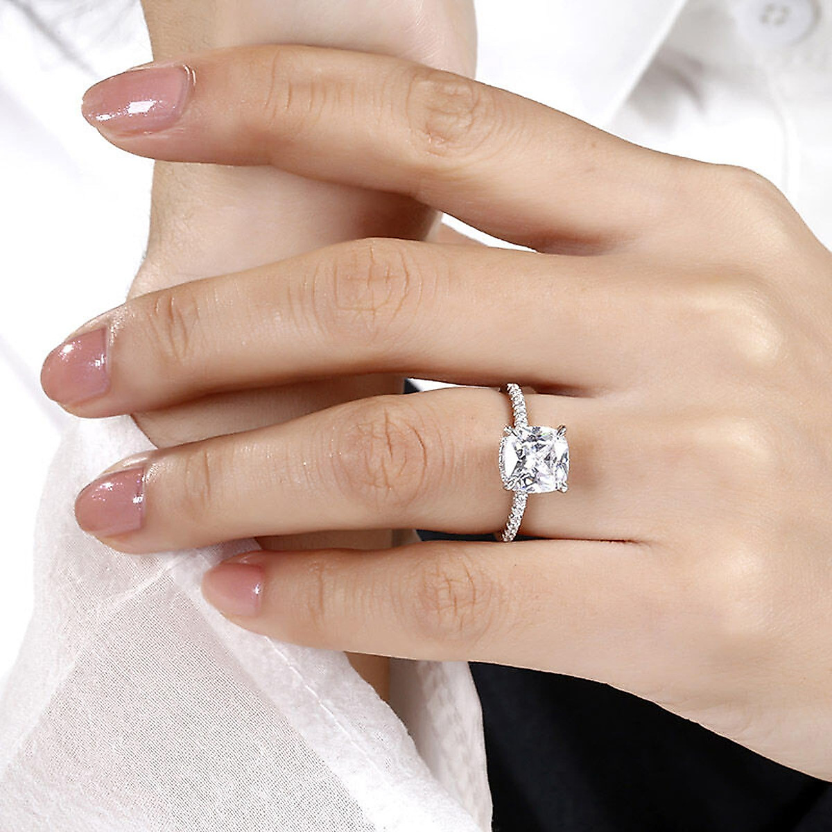 Jeulia Women 5.43ct Cushion Cut Engagement Ring 925 Sterling Silver Single Stone Anniversary Band Rings Cubic Zirconia Wedding Eternity Rings Promise for Her (Silver, 6)