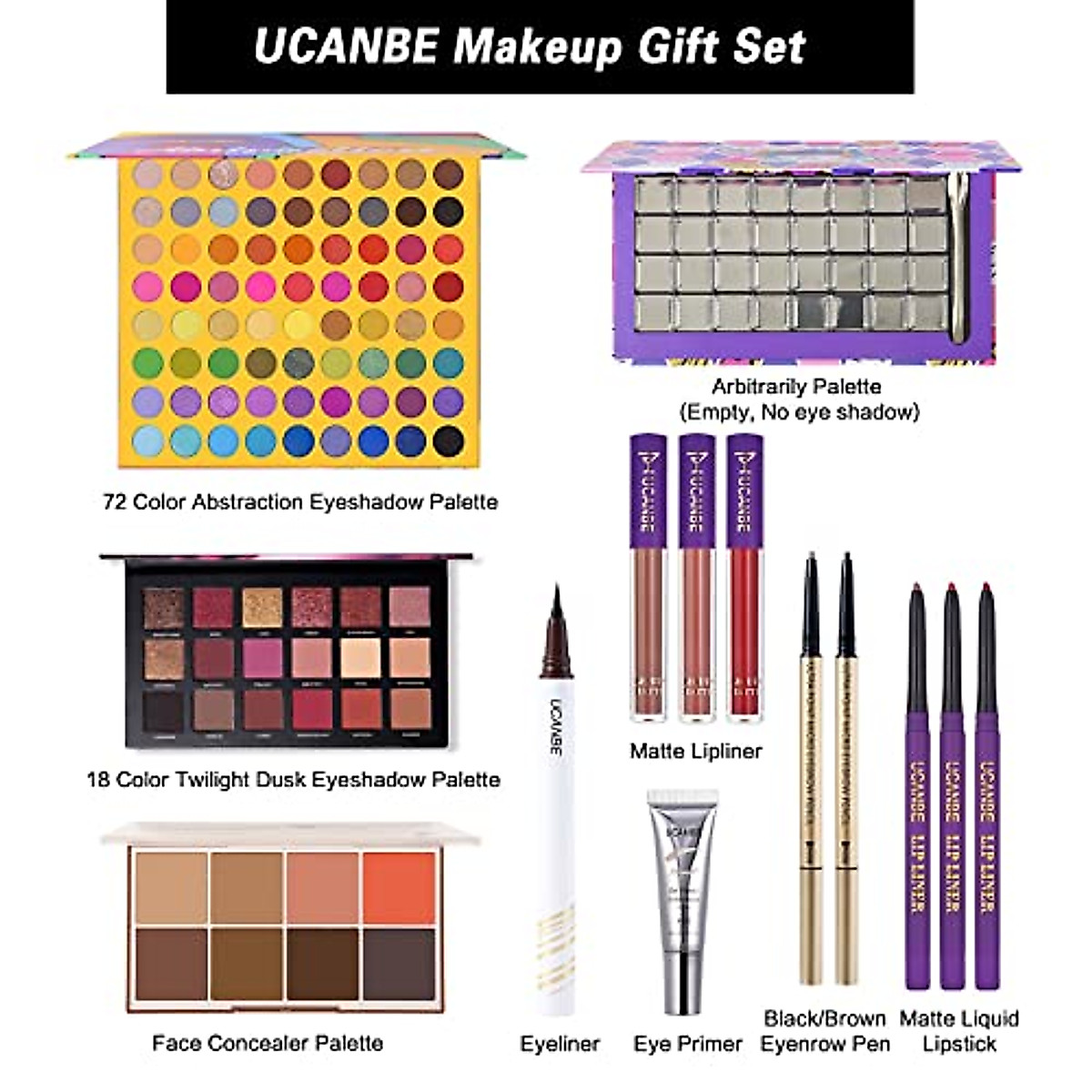UCANBE Full Makeup Kit for Women, All In One Make Up Gift Set with 2 Eyeshadow Palette, 3 Matte Liquid Lipstick, 3 Lipliner, 3 Mascara, 3 Eye Primer, 2 Eyebrow Pen, 1 Eyeliner, 1 Eye Shadow Brush Set