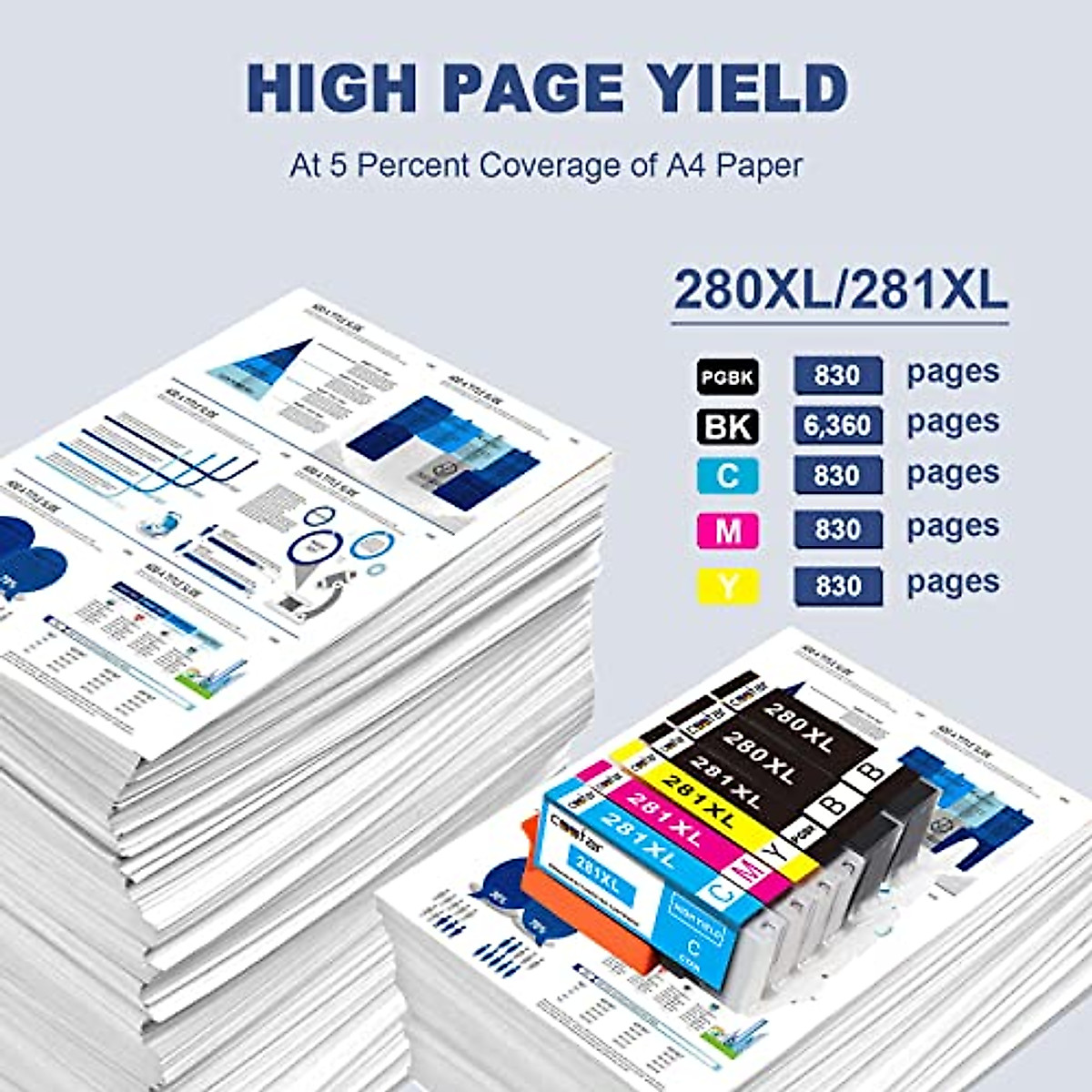 CSSTAR Compatible Canon Ink 280 and 281 Cartridges Replacement for Pixma TR8520 TS9120 TR7520 TS6220 TR8500 TS8220 TS6120 TS6320 TR7500 TS9521C Printer (2 PGBK, Black, Cyan, Magenta, Yellow, 6-Pack)