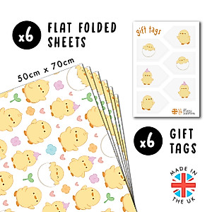 CENTRAL 23 Farm Animal Wrapping Paper - Cute Chicks - 6 Sheets of White Gift Wrap - Floral - For Birthday Baby Shower Baptism - Recyclable