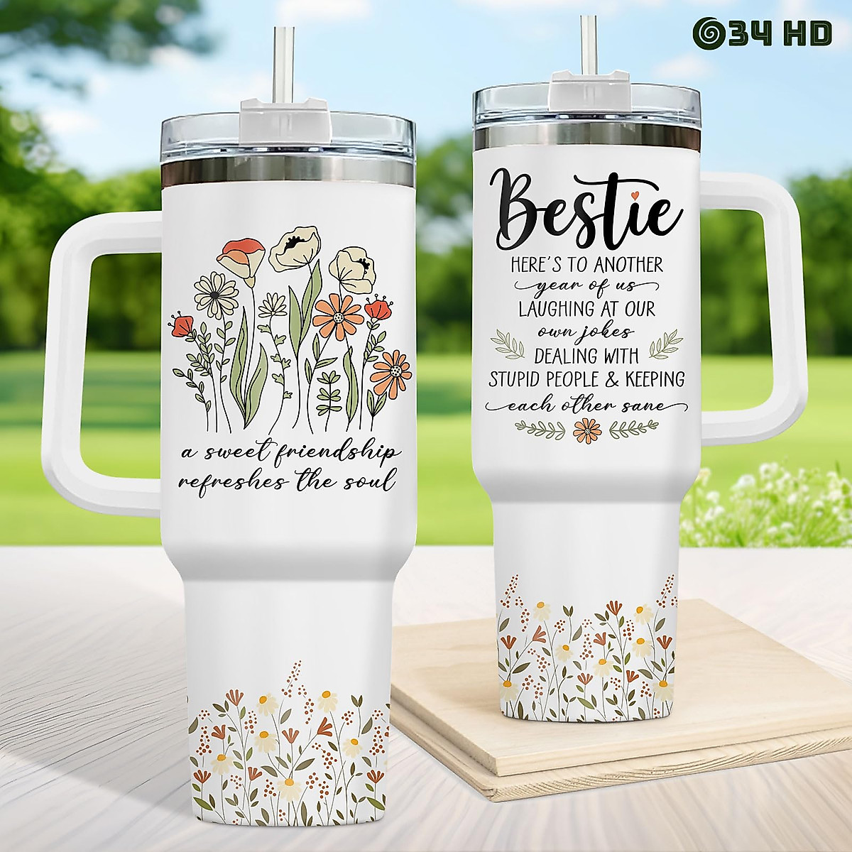 34HD 40oz Bestie Tumbler with Handle and Straw, Vacuum Insulated Friend Coffee Mug with Quote, Anniversary, Birthday Gifts for Best Friend, Coworkers, Sisters, Women