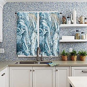 SSEVITEY Room Decorative Valances with Rod Pockets Marble Liquid Abstract Art Window Valance Curtains Blue White Gold Gradient Treatment 2 Panels Drapes for Kitchen Living Room Bathroom