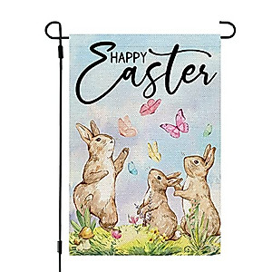 CROWNED BEAUTY Happy Easter Bunnies Garden Flag 12X18 Inch Small Double Sided for Outside Burlap Butterflies Yard Holiday Decoration CF759-12