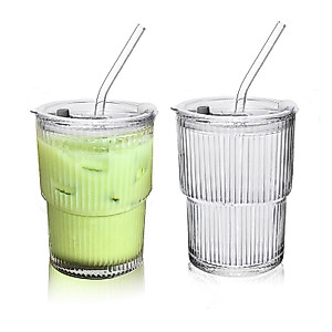 Lioong 2pcs Clear Glass Cups with Lids and Straws,Ice Coffee Cups With Lids,Glass Coffee Tumbler with Sip Lid,Glass Cups Go Traveling Coffee Mugs For Cold Drinks, Smoothie, Juice,Drinking (400ml)