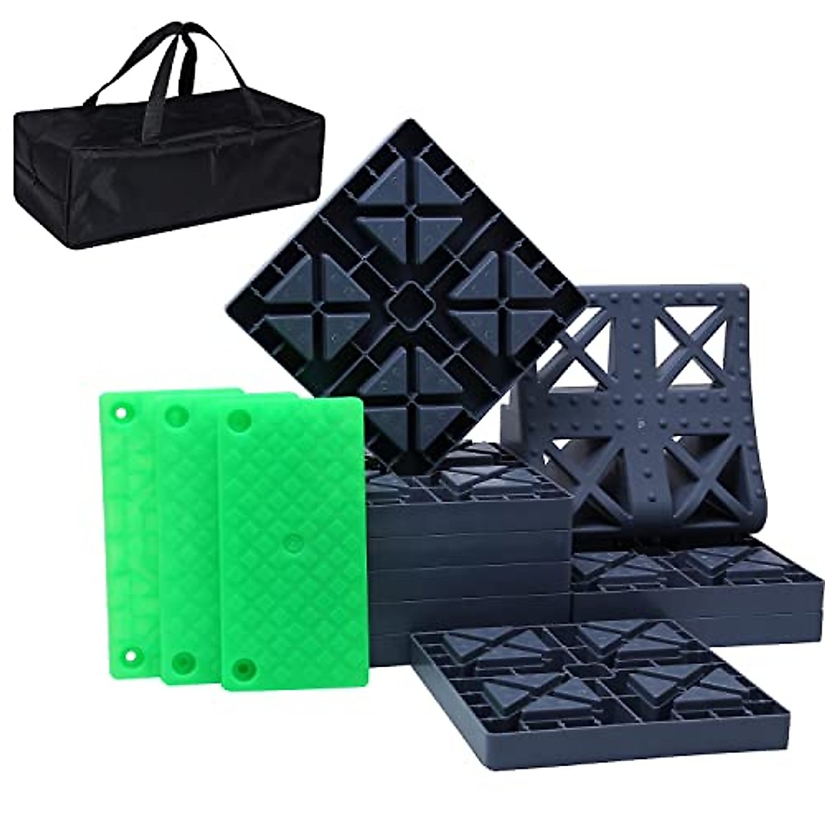 GarfatolRv Rv Leveling Blocks,Trailer Leveling Blocks for Heavy Duty Include Camper Leveling Blocks 9 Packs,One Top Wheels Chock and Green Ramp 3 Packs with Bag -Grey