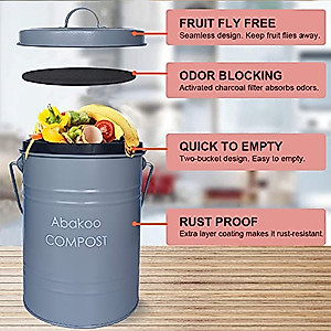 Abakoo Stainless Steel Compost Bin - Premium Grade 304 Stainless Steel Kitchen Composter - Includes 4 Charcoal Filter, Indoor Countertop Kitchen Recycling Bin Pail (1.0 Gallon (Gray))