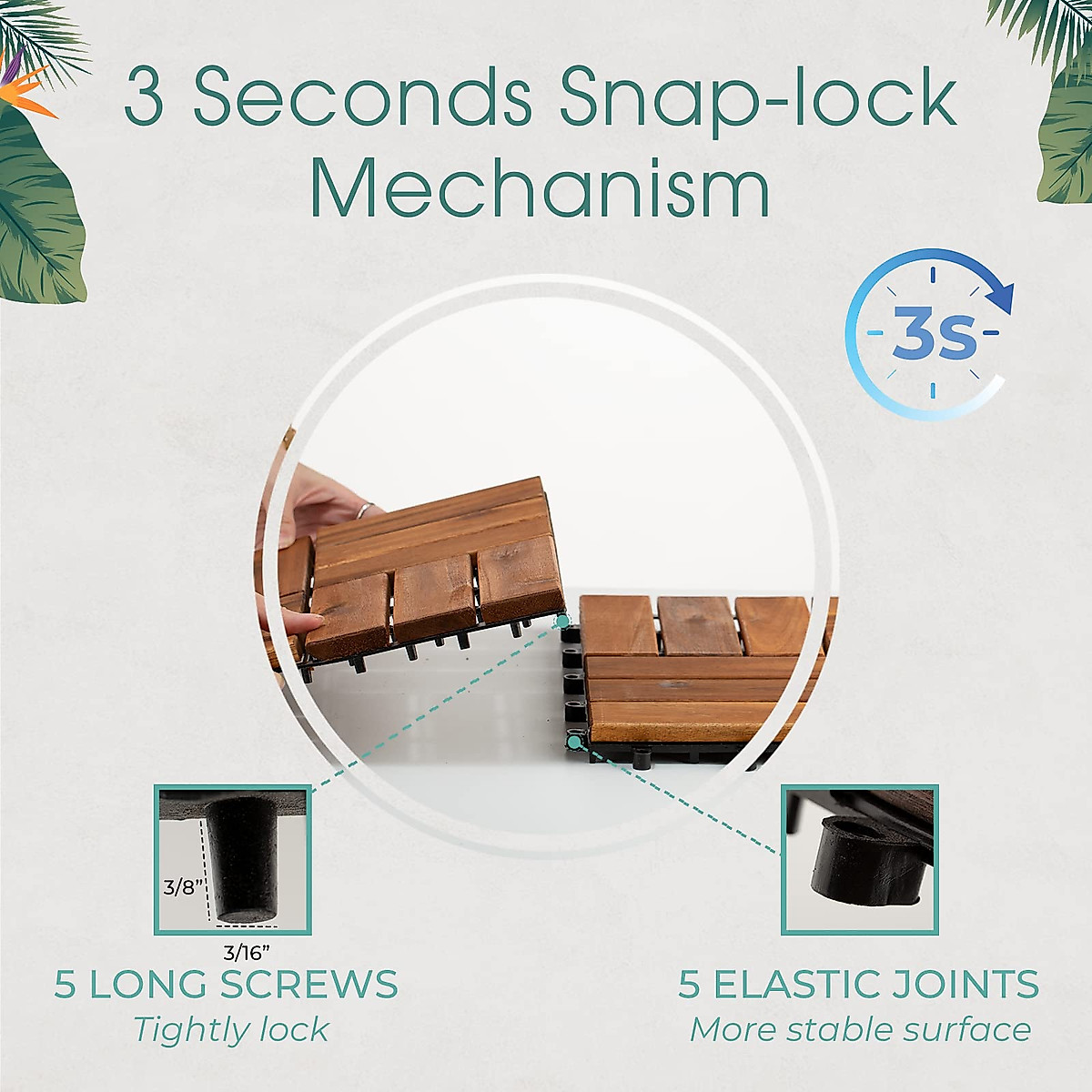 Idzo Interlocking Deck Tiles - 10PCS Waterproof Acacia Wood Patio Tiles, Flooring Tiles for Both Indoor and Outdoor - Decking Checker Pattern, 12 x 12 x 0.9 Inches, Golden Teak