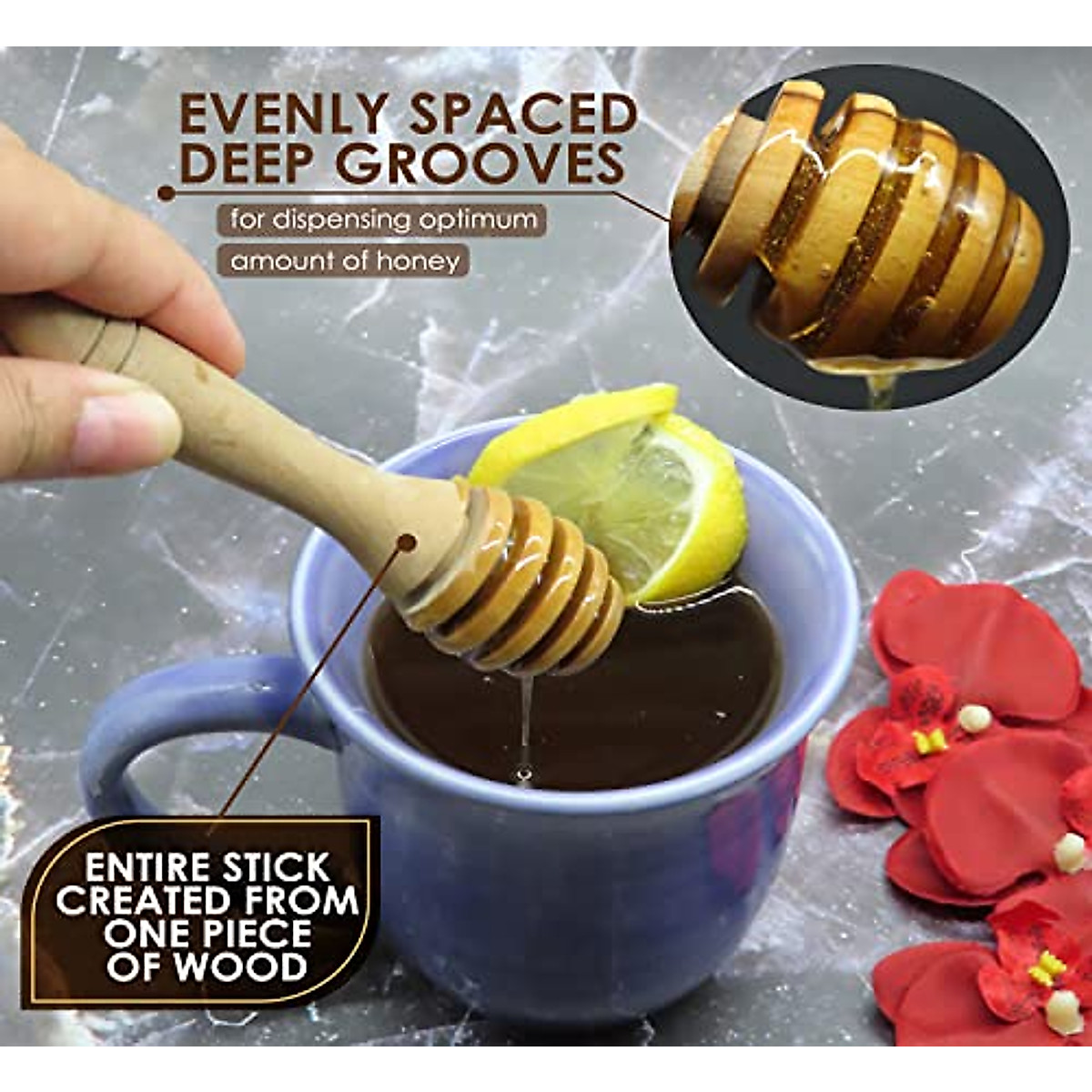 Olive Wood Honey Dipper Stick - Set of 3 (5”/7”/9”) & 1 Wooden Spoon, Use Honey Sticks for Tea & as Honey Server, Honey Dripper, Honey Spoon, Honey Drizzler, Honey Stirrers for Tea